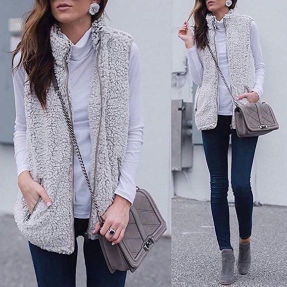 Jackets & Coats | Plush Vest Gray Faux Fur Women Zip Front Jacket ...